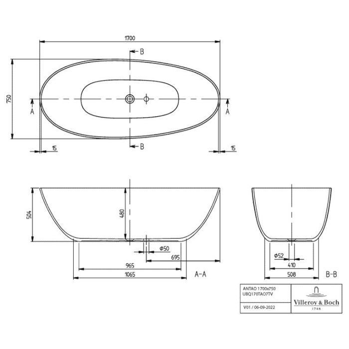 Villeroy and Boch bath Antao 1700x750x500mm UBQ170TAO7TV-3S ...