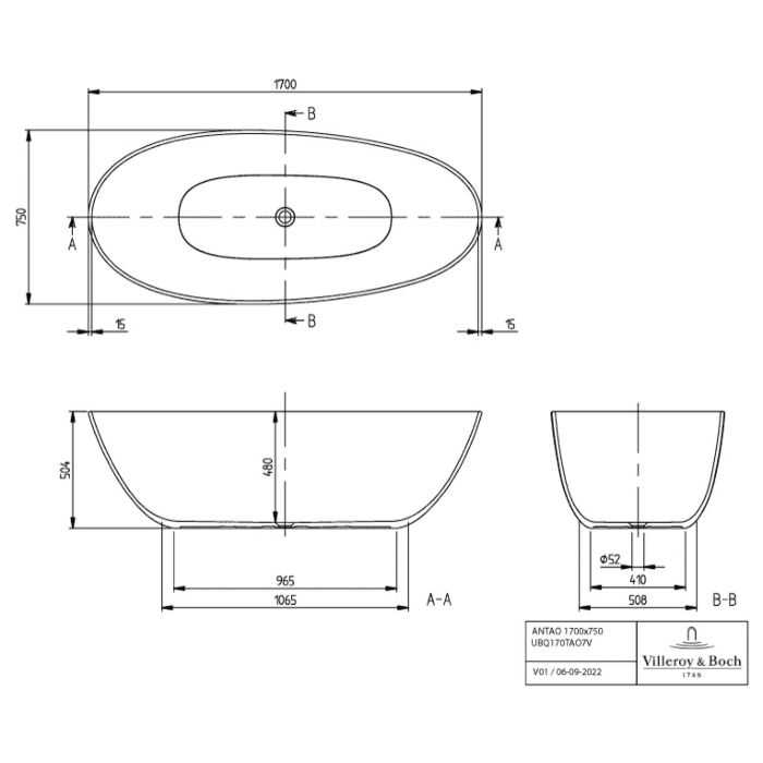 Villeroy and Boch bath Antao 1700x750x500mm Q170TAO7F2BCV01 ...